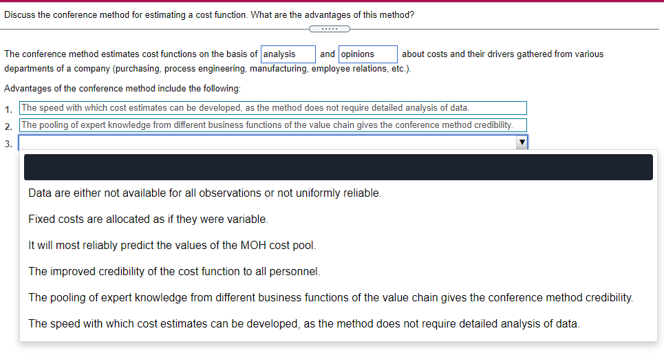 Solved Discuss the conference method for estimating a cost | Chegg.com