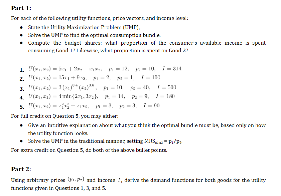 Solved For each of the following utility functions, price | Chegg.com