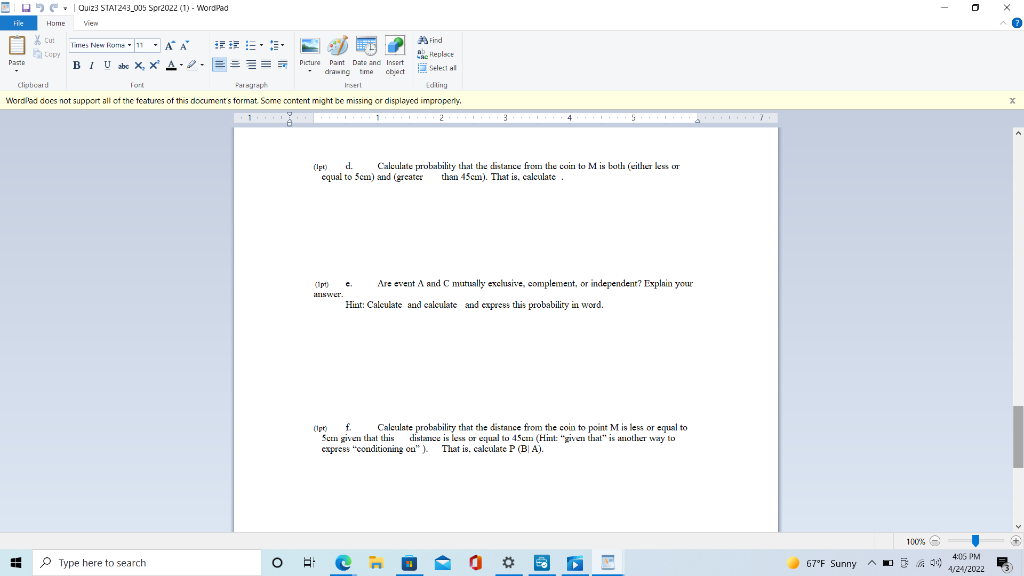 Solved X File View Ouiz3 STAT243_005 Spr2022 (1) - WordPad | Chegg.com