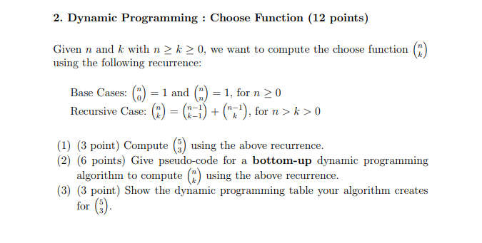 2. Dynamic Programming : Choose Function (12 points) | Chegg.com