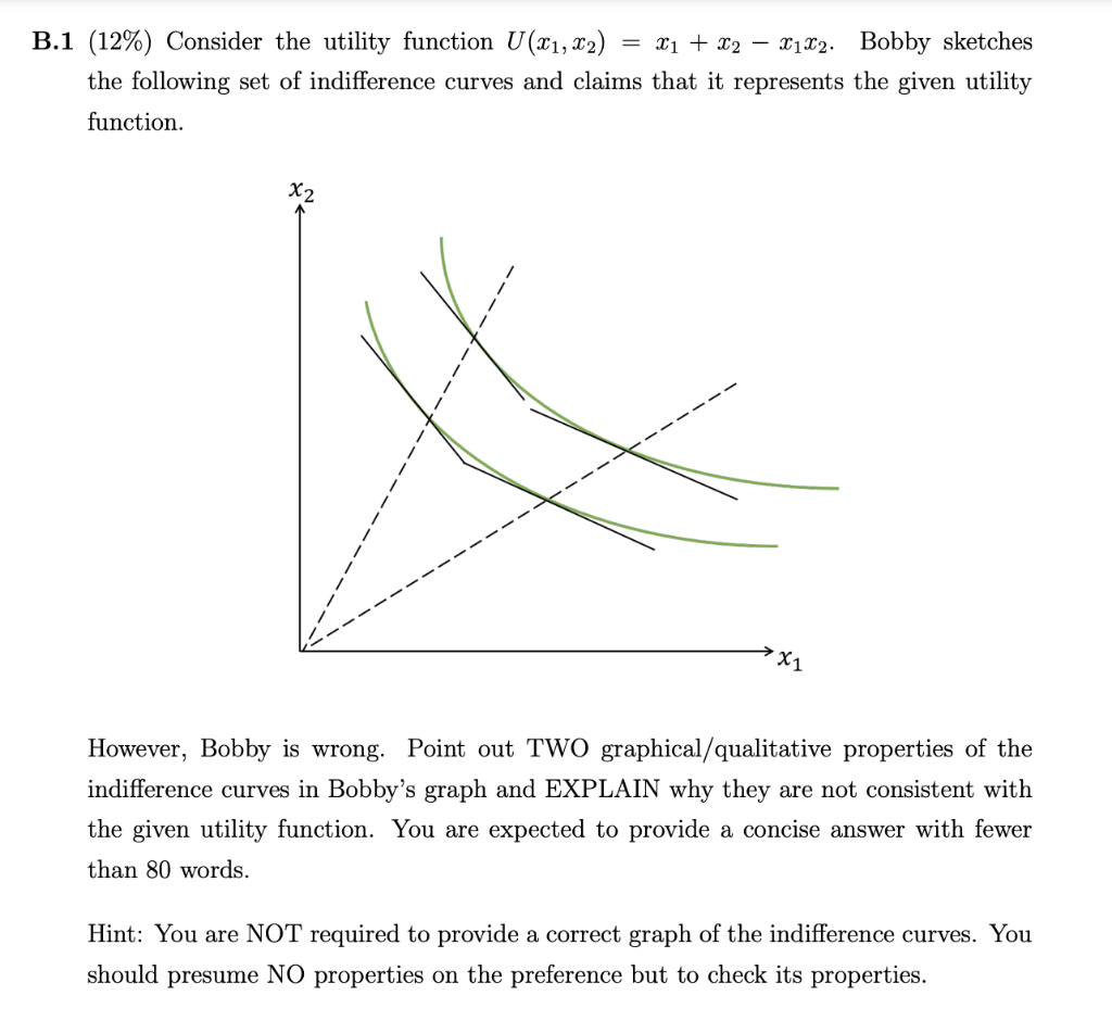 Solved B.1 (12%) Consider the utility function U(x1, x2) = | Chegg.com