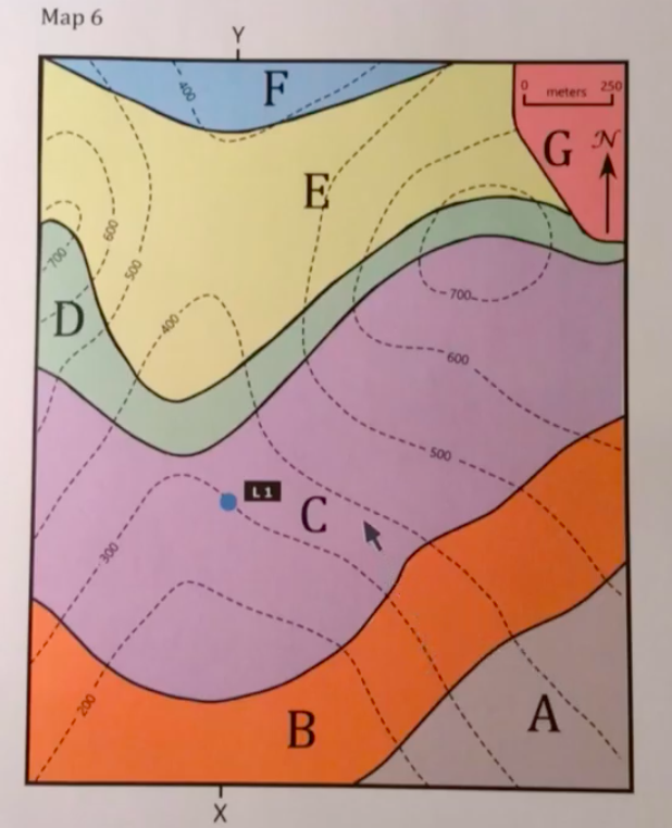 Solved Мар 6 Map 6 represents a geologic map with six rock | Chegg.com