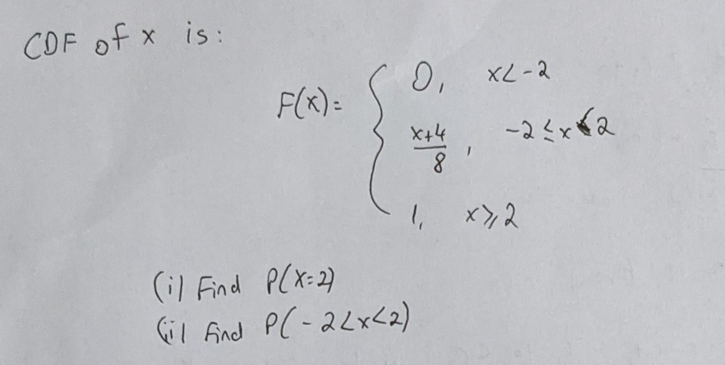 Solved Х CDF ofx is: O, 2 XL-2 x+4 -22x62 8 8 1 x7,2 2 (il | Chegg.com