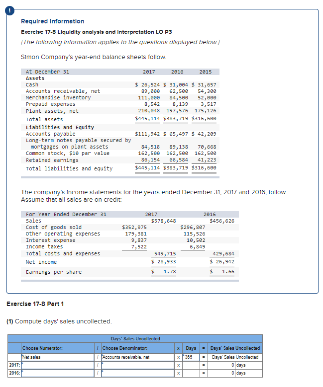 Solved Required Information Exercise 17-8 Liquidity analysis | Chegg.com