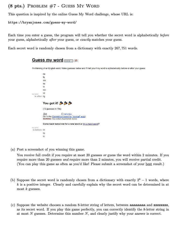 (8 pts.) PROBLEM #7 - GUESS MY WORD This question is | Chegg.com
