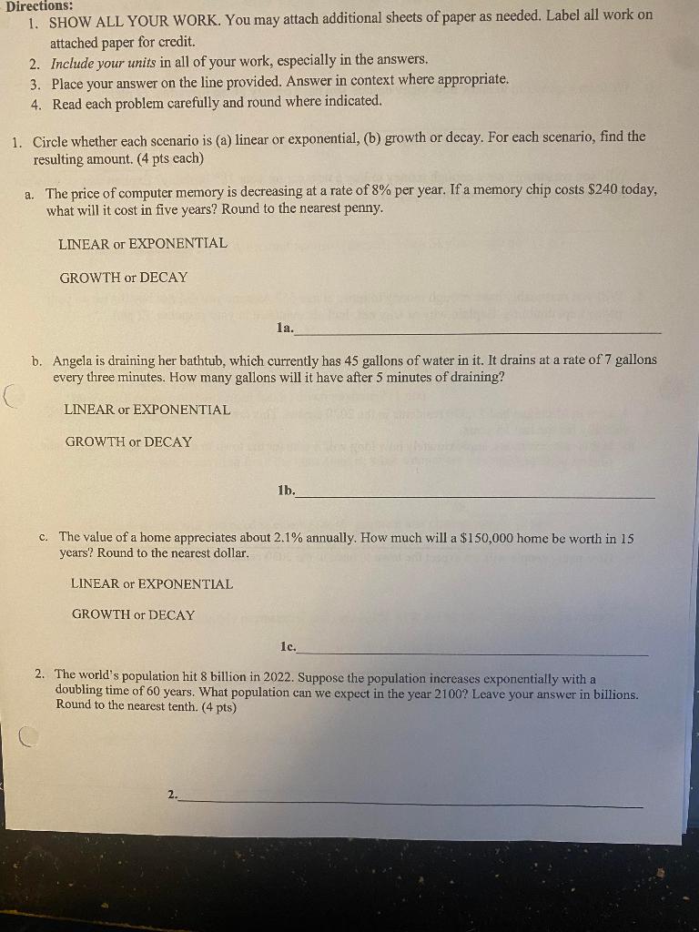 Directions: 1. SHOW ALL YOUR WORK. You may attach | Chegg.com