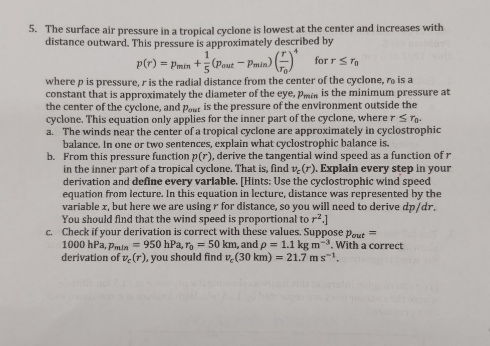 Solved The surface air pressure in a tropical cyclone is | Chegg.com