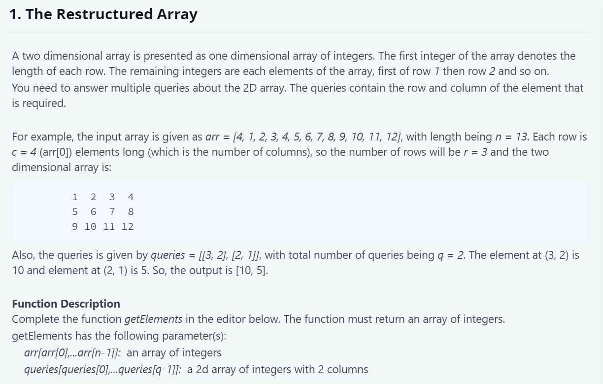 Solved 1 Restructured Array Two Dimensional Array Presented One Dimensional Array Integers