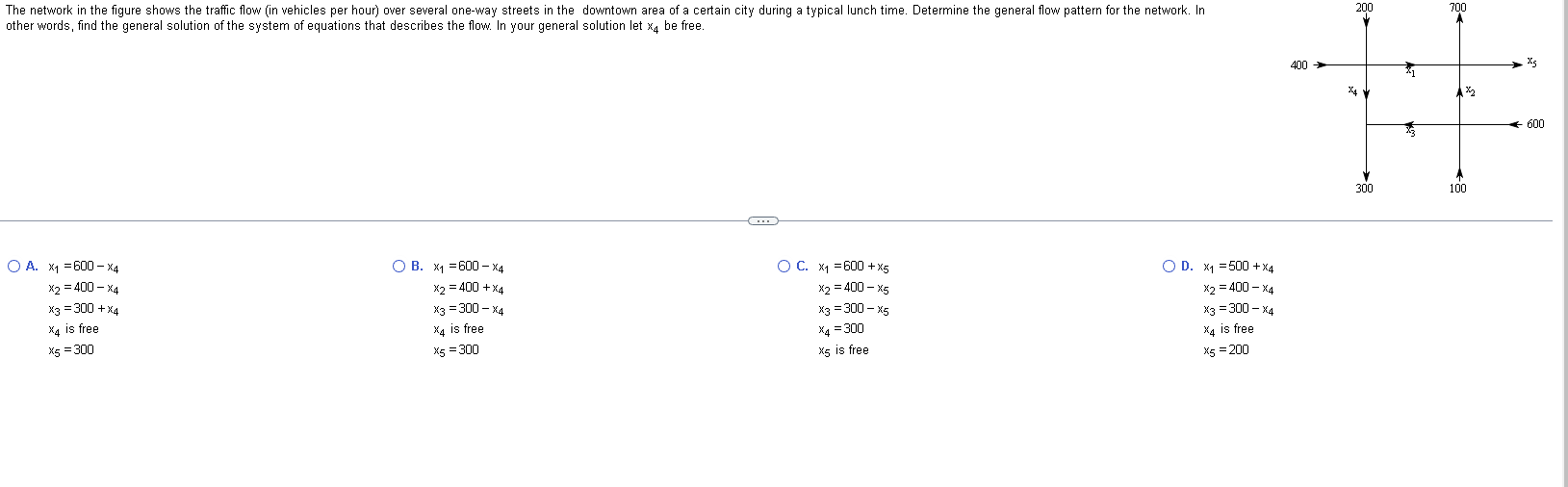 Solved x1=600−x4x2=400−x4x3=300+x4x4 is free x5=300 B. | Chegg.com