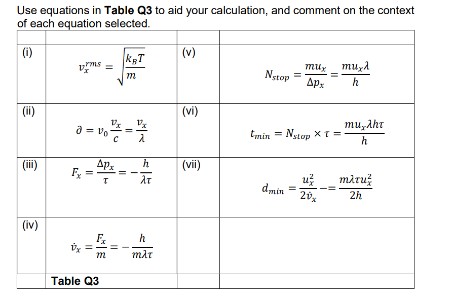 Solved Use equations in Table Q3 to aid your calculation, | Chegg.com