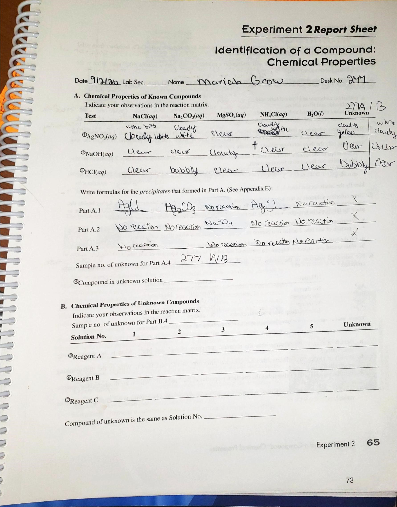 Solved A. Chemical Properties of Know Compounds * | Chegg.com
