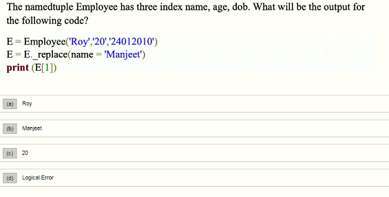 Solved The namedtuple Employee has three index name, age, | Chegg.com