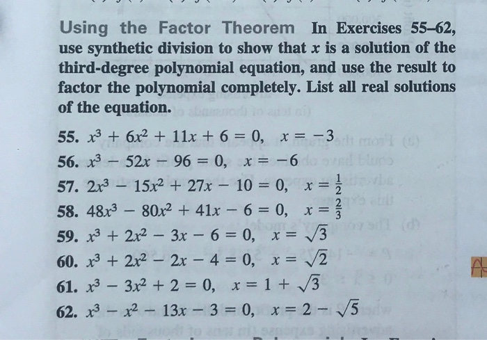 Solved Using the Factor Theorem In Exercises 55-62, use | Chegg.com