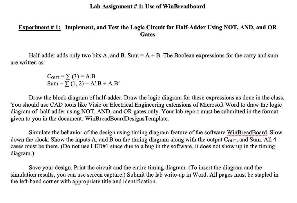 Lab Assignment # 1: Use of WinBreadboard Experiment | Chegg.com