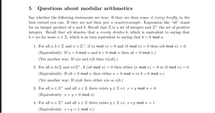 Solved 5 Questions about modular arithmetics Say whether the | Chegg.com