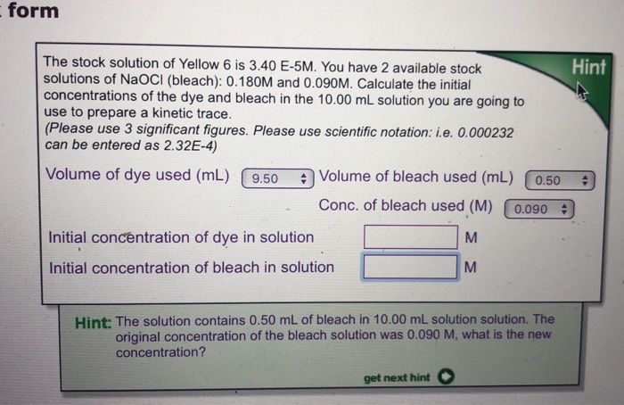 Solved form The stock solution of Yellow 6 is 3.40 E-5M. You | Chegg.com