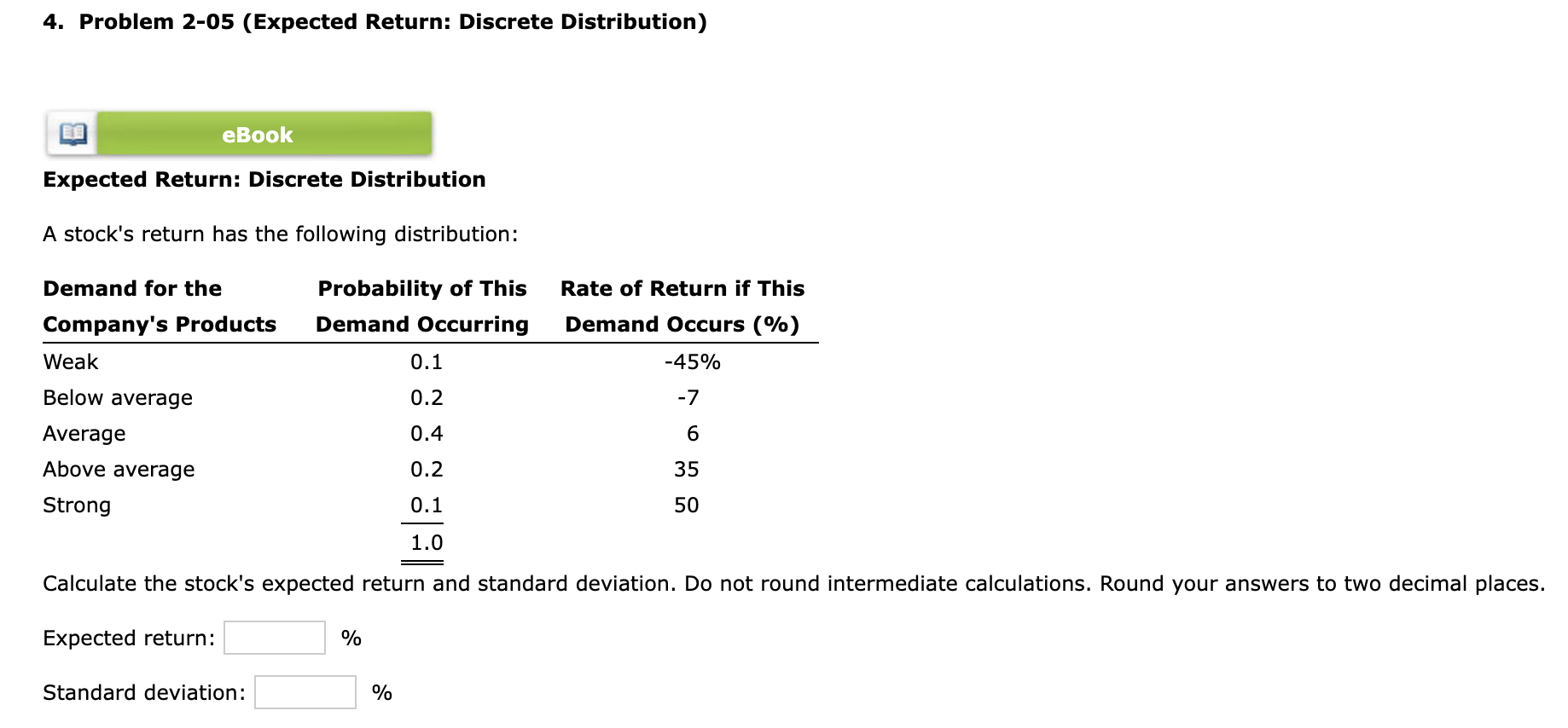 Solved 4. Problem 2-05 (Expected Return: Discrete | Chegg.com