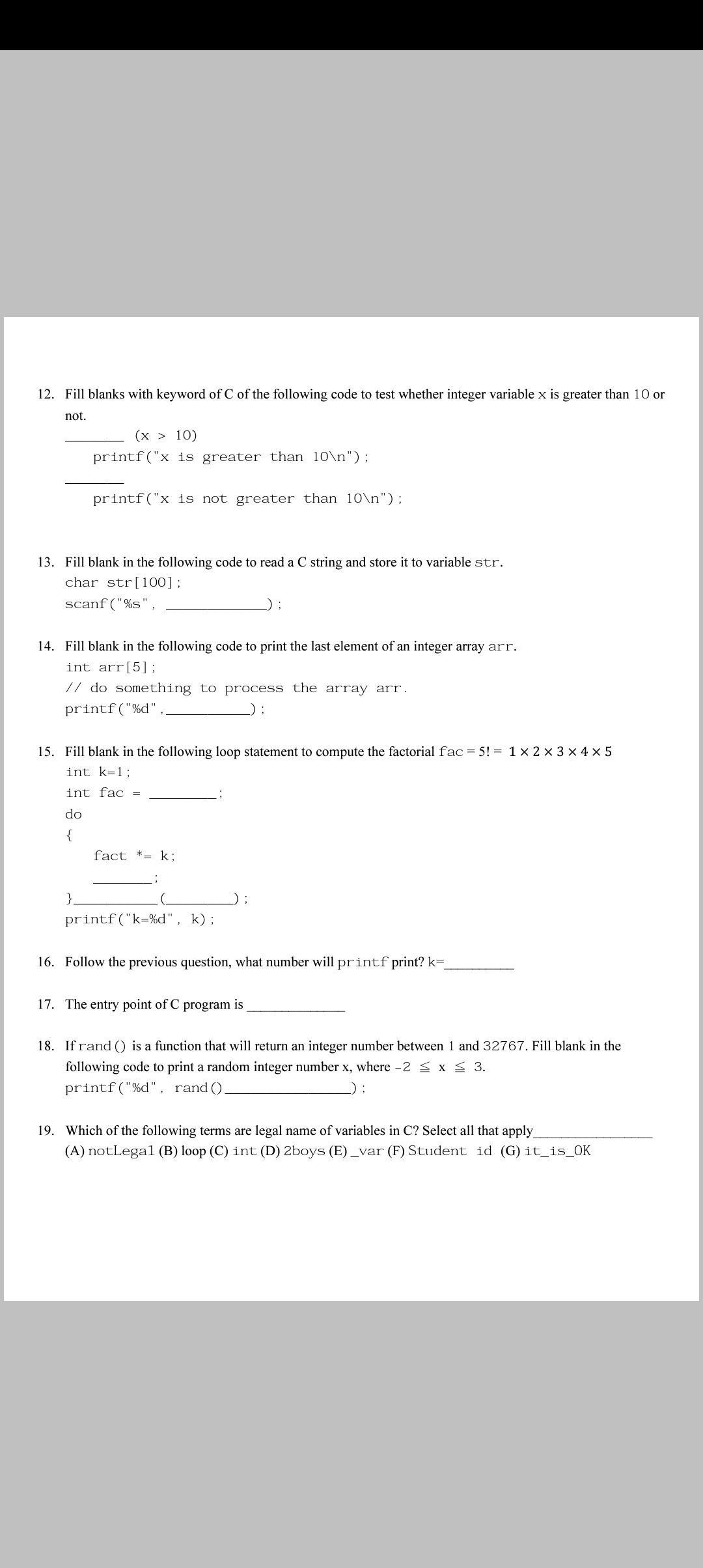 Solved 12. Fill blanks with keyword of C of the following | Chegg.com