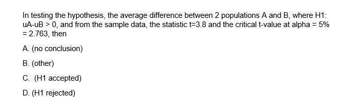 Solved In testing the hypothesis, the average difference | Chegg.com