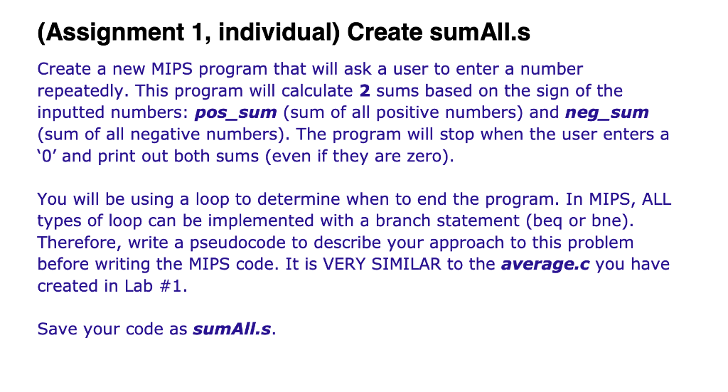Solved (Assignment 1, individual) Create sumAll.s Create a | Chegg.com