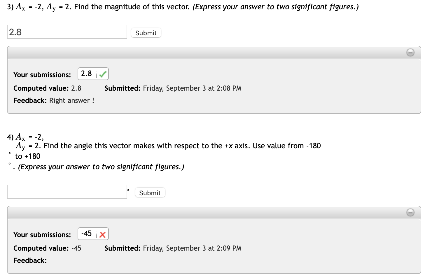 Solved 3) Ax = -2, Ay = 2. Find the magnitude of this | Chegg.com