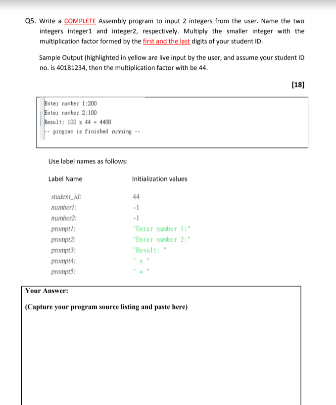 Solved Q5. Write a COMPLETE Assembly program to input 2 | Chegg.com
