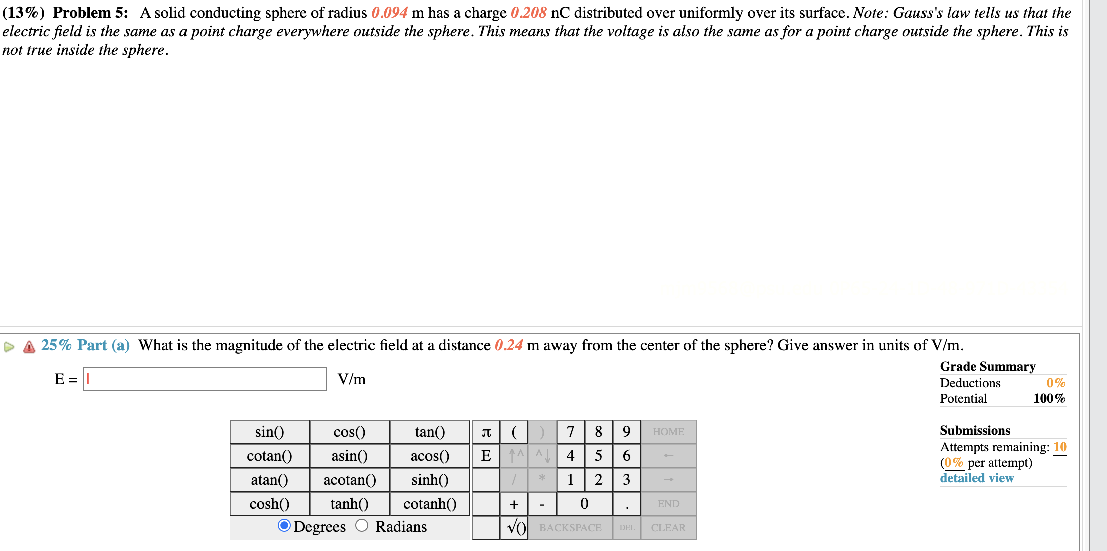 Solved 13\%) Problem 5: A solid conducting sphere of radius | Chegg.com