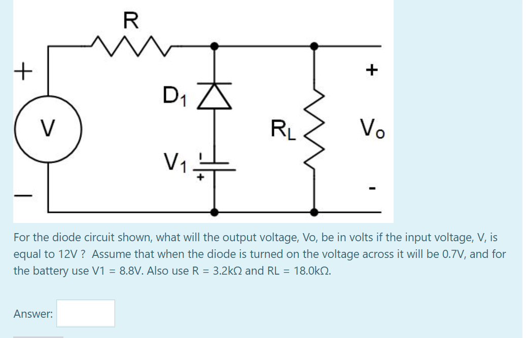 Solved R + + D1 V RL Vo V1 For the diode circuit shown, what | Chegg.com