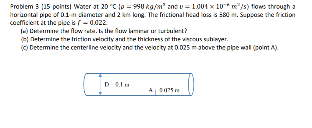 Solved Problem 3 (15 points) Water at 20 °C (p = 998 kg/m3 | Chegg.com