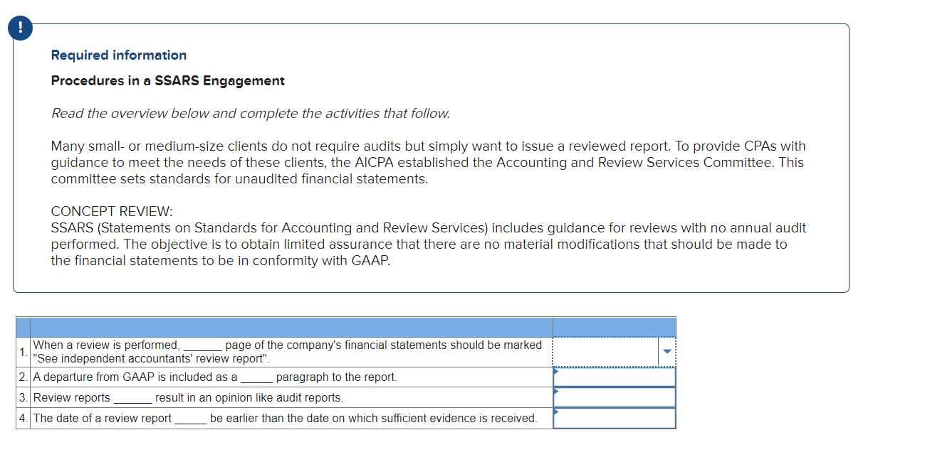Solved ! Required information Procedures in a SSARS | Chegg.com
