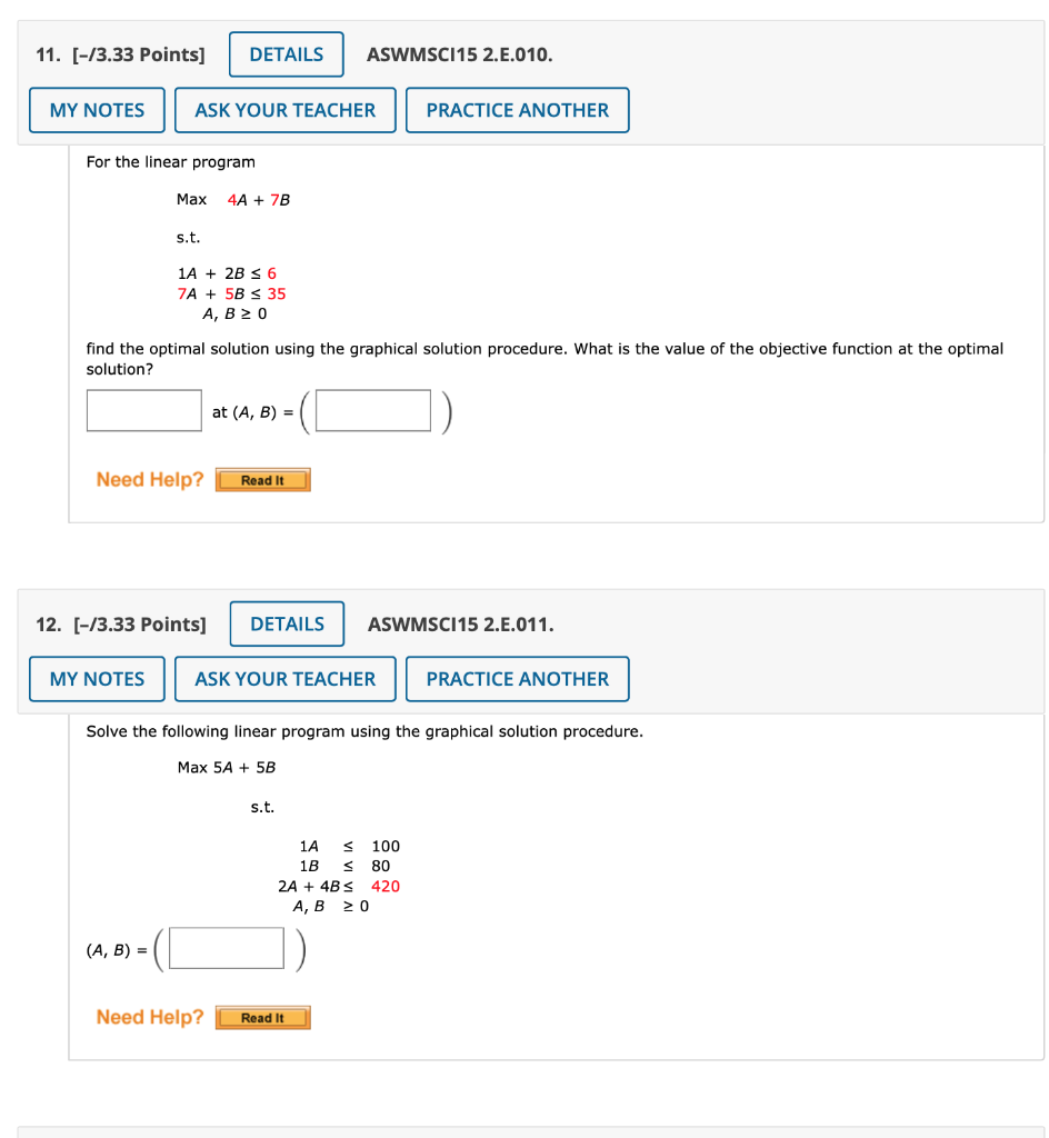 Solved For the linear program Max 4A+7B s.t. | Chegg.com