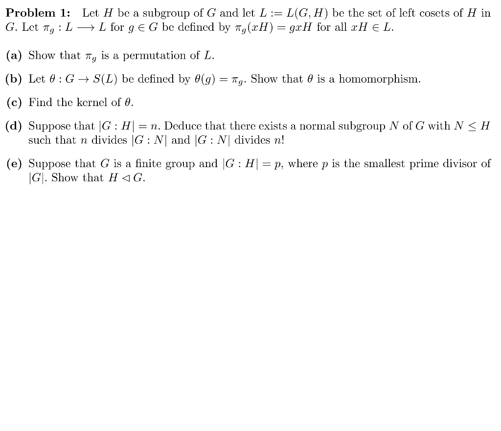 Solved Problem 1: Let H be a subgroup of G and let L:=L(G,H) | Chegg.com