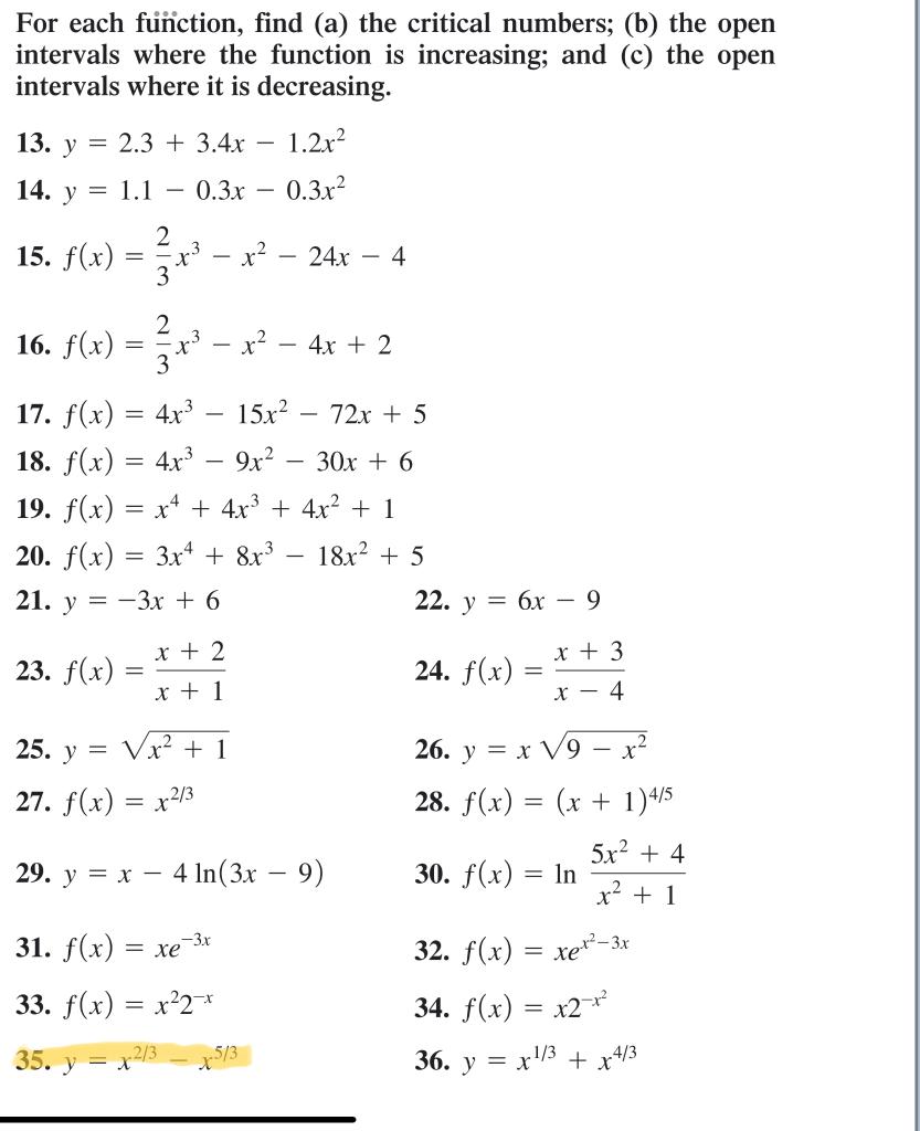Solved For each funiction, find (a) the critical numbers; | Chegg.com