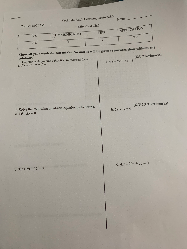 Solved Course: MCF3M Yorkdale Adult Learning Centre&S.S. | Chegg.com