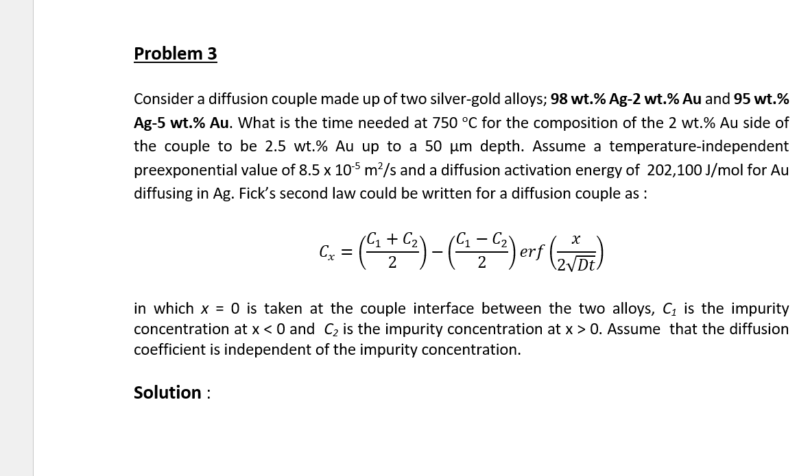 Solved Consider a diffusion couple made up of two | Chegg.com