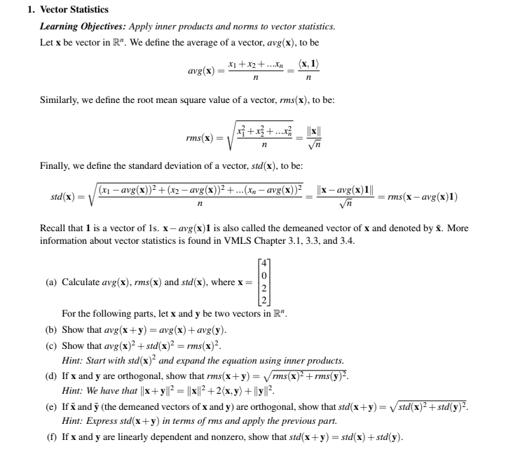 Solved Give me an ﻿example of ﻿Vector StatisticsLearning | Chegg.com