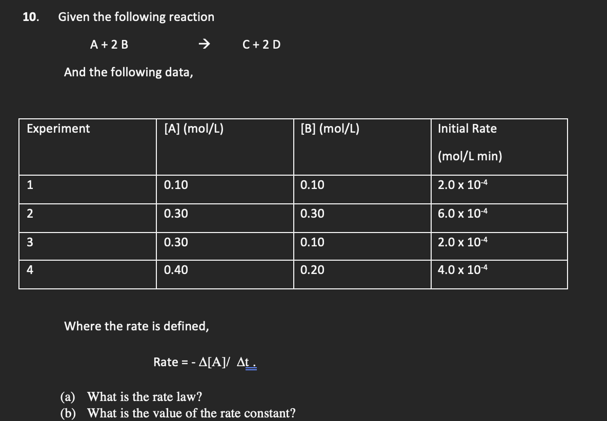 Solved 10. Given the following reaction A+2 B→C+2D And the | Chegg.com