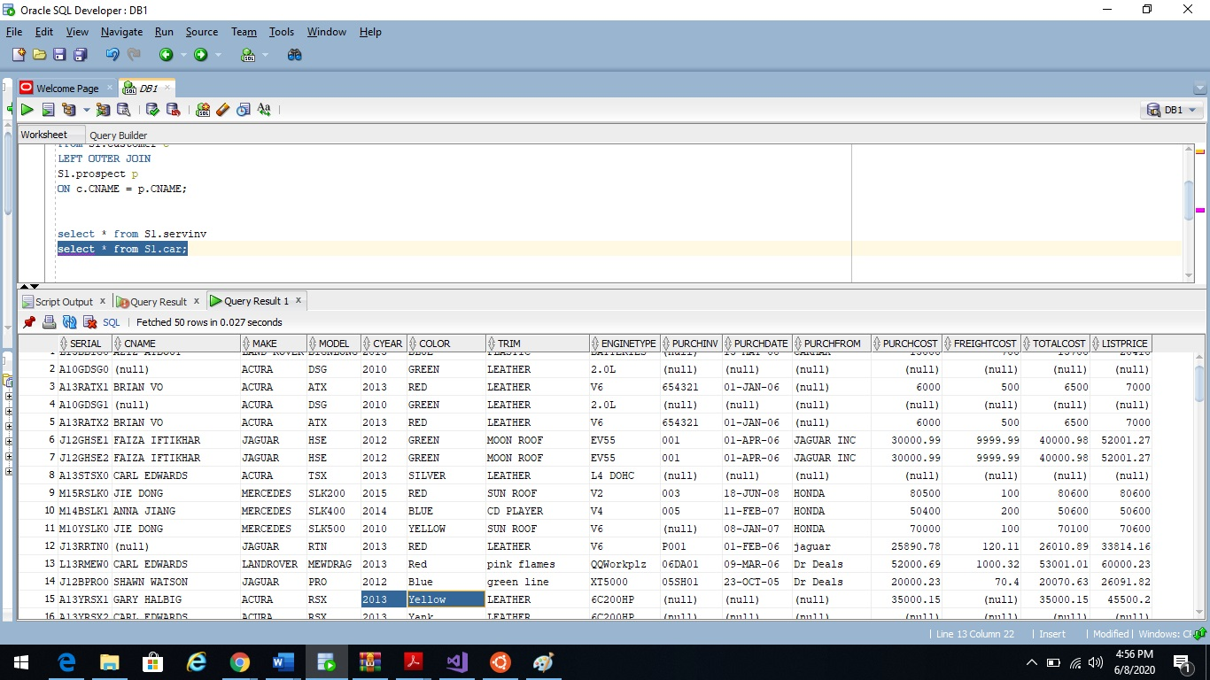 Solved X Oracle SQL Developer : DB1 Eile Edit View Navigate | Chegg.com