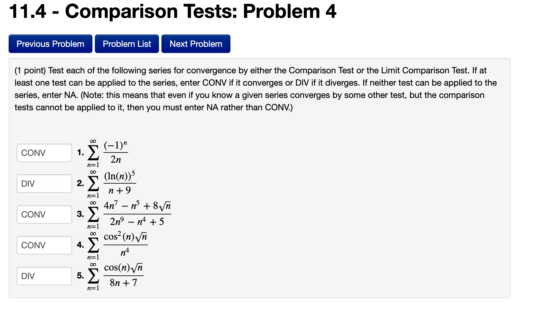 Solved 11.4 - Comparison Tests: Problem 4 Previous Problem | Chegg.com