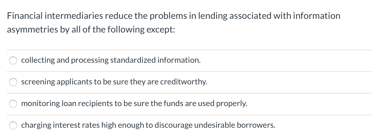 Solved Financial intermediaries reduce the problems in | Chegg.com