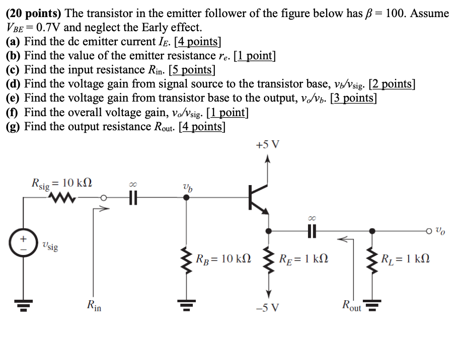 Solved (20 points) The transistor in the emitter follower of | Chegg.com