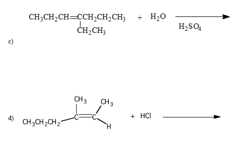 Solved + H2O CH3CH2CH=CCH2CH2CH; CH,CH H2SO4 c) CH3 CH3 d) + | Chegg.com