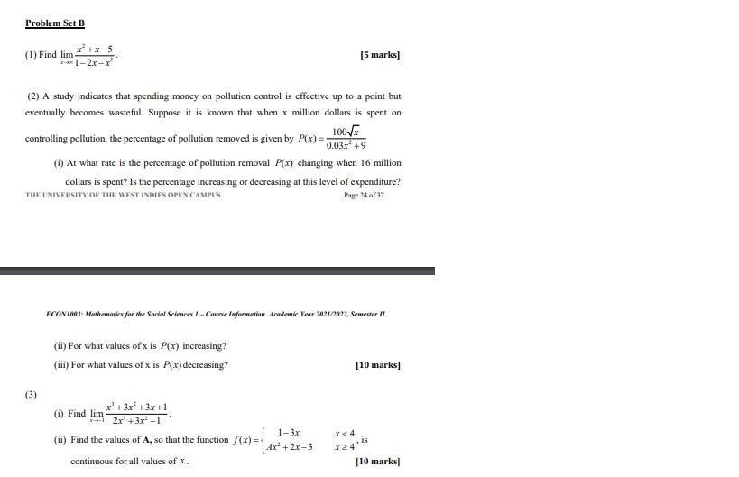 Solved Problem Set B 1 Find Lim X X 5 1 2x x 5 Marks Chegg