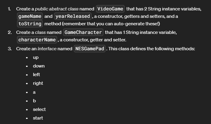 Solved 1. Create a public abstract class named that has 2 | Chegg.com Solved 1. Create a public abstract class named that has 2 | Chegg.com