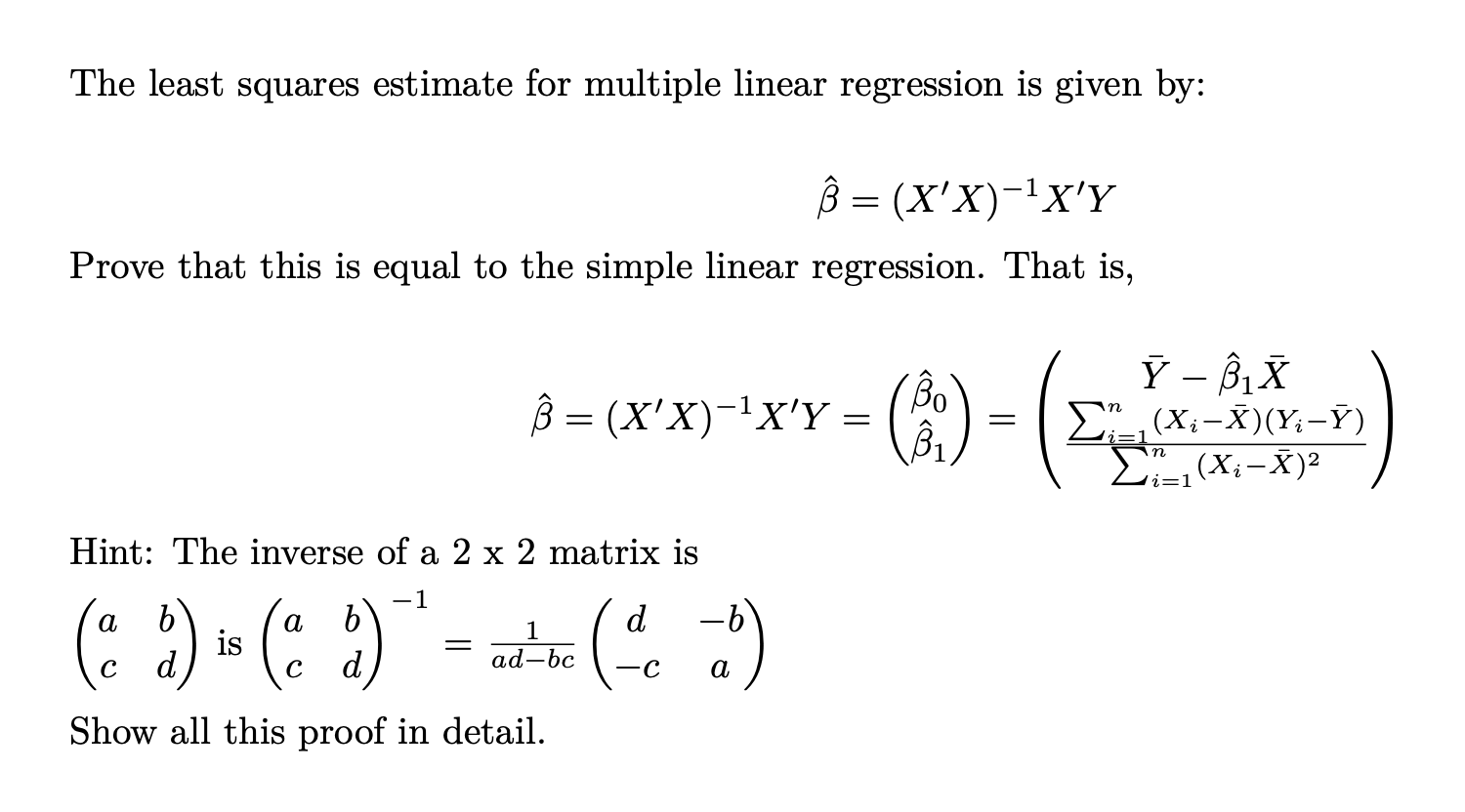 Solved The least squares estimate for multiple linear | Chegg.com