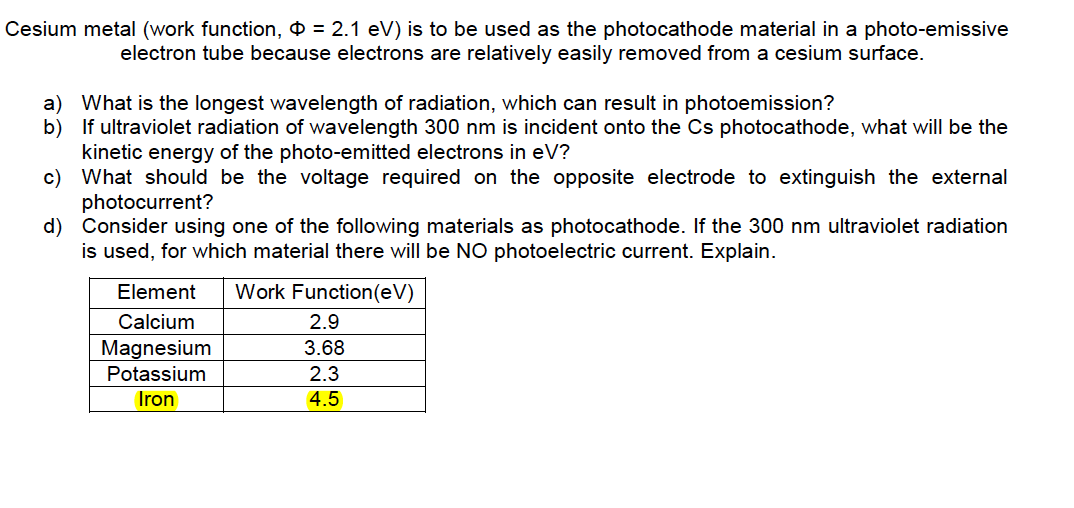 Solved Cesium metal (work function, 0 = 2.1 eV) is to be | Chegg.com