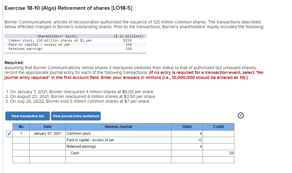 Solved Exercise 18-10 (Algo) Retirement of shares (LO18-5) | Chegg.com