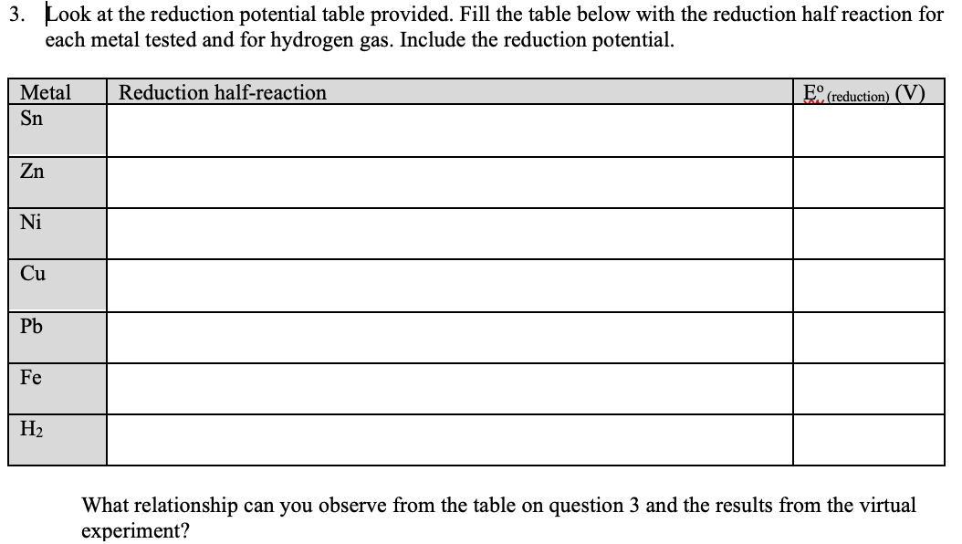 Solved 3. Look at the reduction potential table provided. | Chegg.com