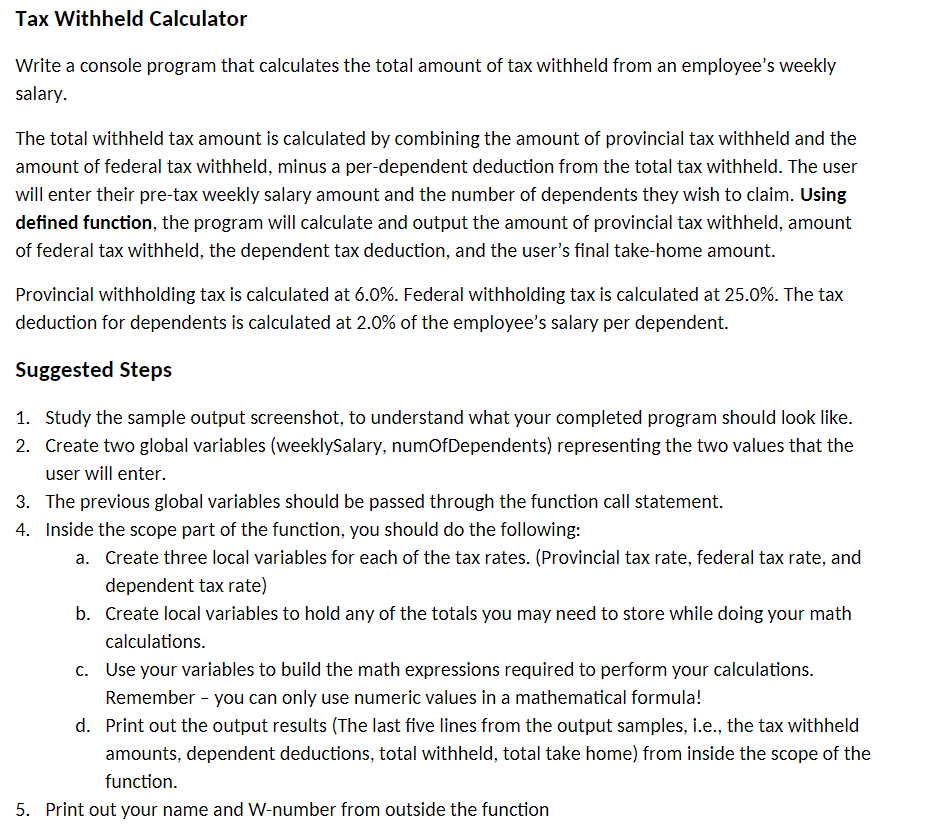 Solved Tax Withheld Calculator Write a console program that | Chegg.com