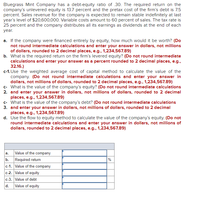 Solved Bluegrass Mint Company has a debt-equity ratio of .30 | Chegg.com